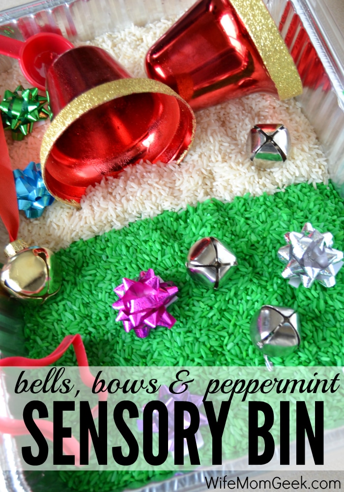 Bells, Bows and Peppermint Christmas Sensory Bin – Glue Sticks and Gumdrops