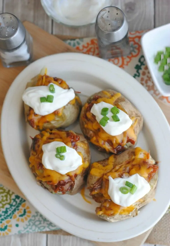 Loaded BBQ Pork Baked Potatoes - Slow Cooker and Instant Pot Instructions