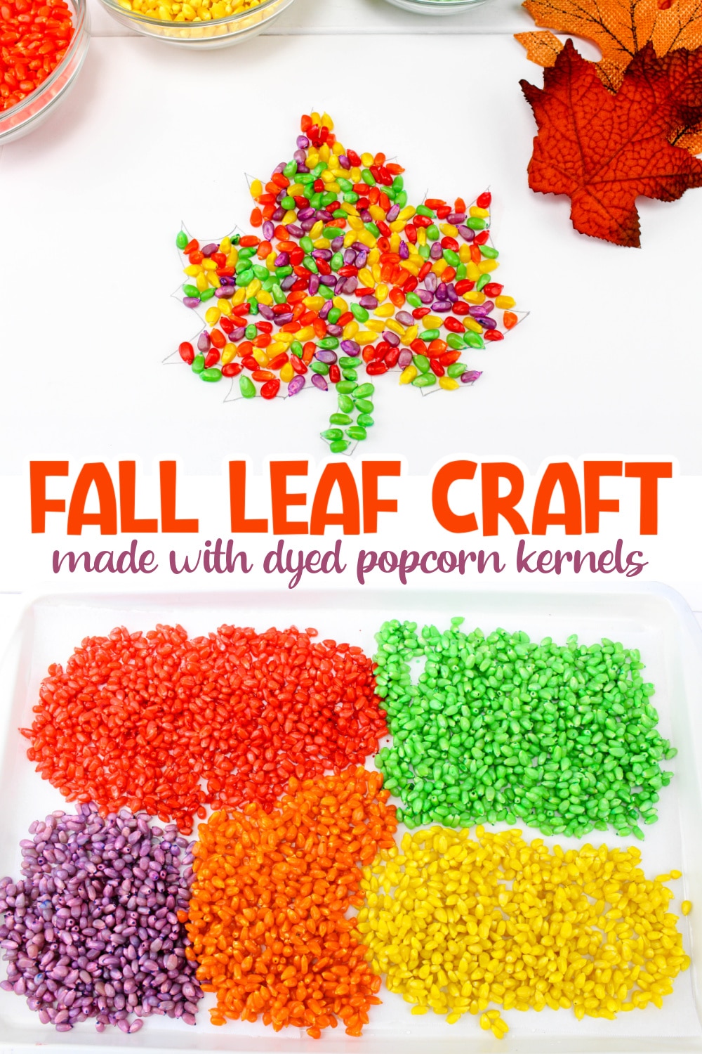 Fall Leaf Craft with Popcorn Kernels - Glue Sticks and Gumdrops